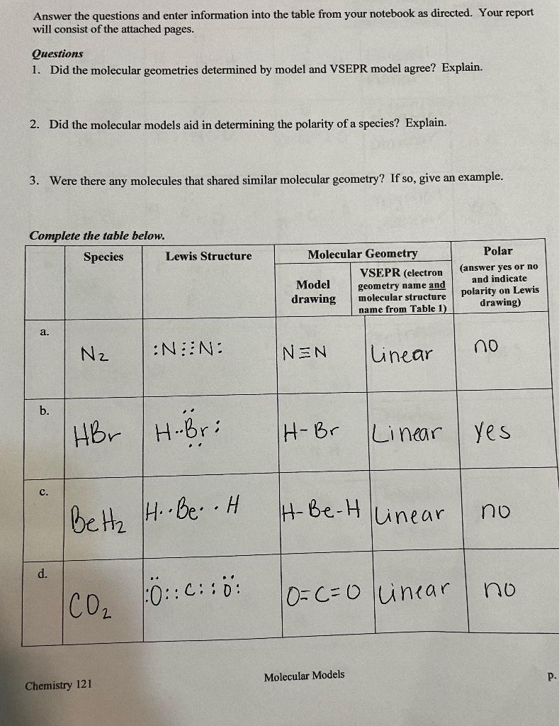 Solved Species Lewis Structure Molecular Geometry VSEPR | Chegg.com
