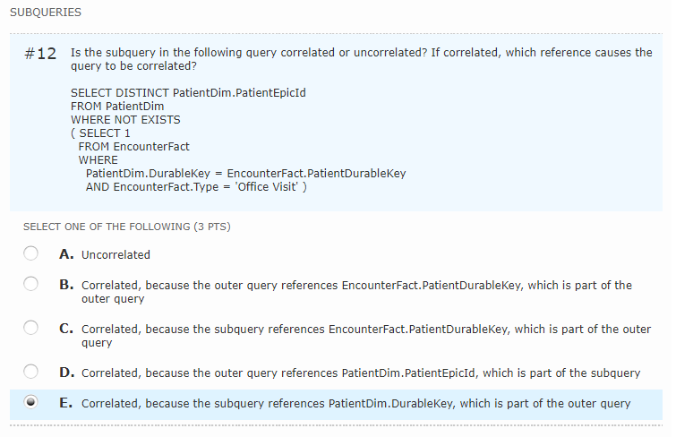 Solved SUBQUERIES #12 Is the subquery in the following query | Chegg.com
