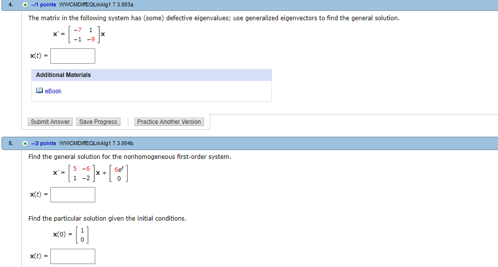Solved 4 1 Points Wwcmdiffeqlinalg17 3 003a The Matrix In