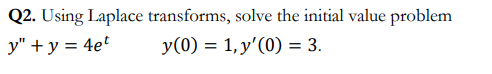 Q2. Using Laplace transforms, solve the initial value | Chegg.com