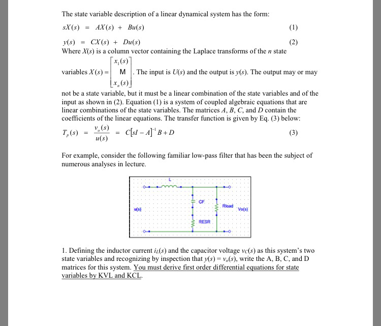 Solved The state variable description of a linear dynamical | Chegg.com
