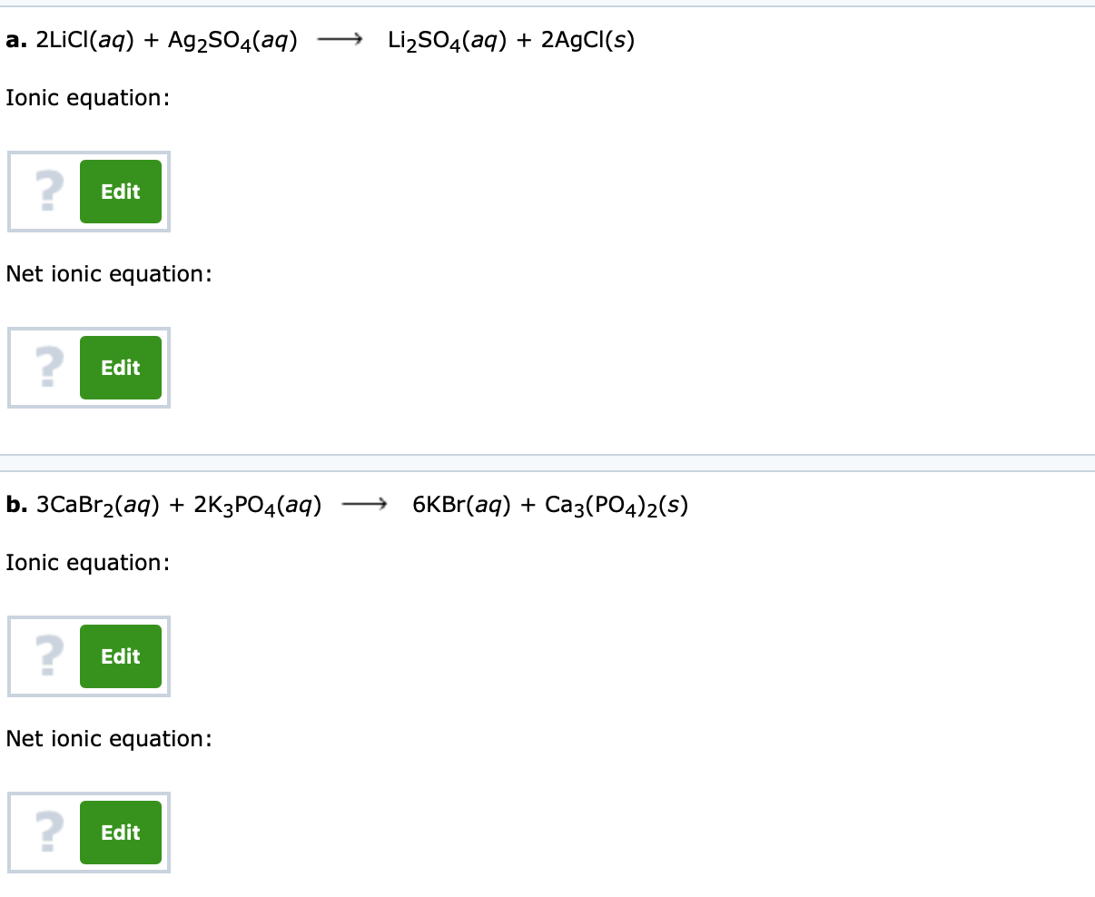 Solved a. 2LiCl(aq) + Ag2SO4(aq) Li2SO4(aq) + 2AgCl(s) Ionic | Chegg.com