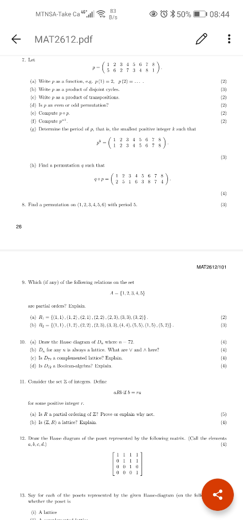 Solved 83 MTNSA-Take Cal B/S 50%D08:44 { MAT2612.pdf : P 7. | Chegg.com