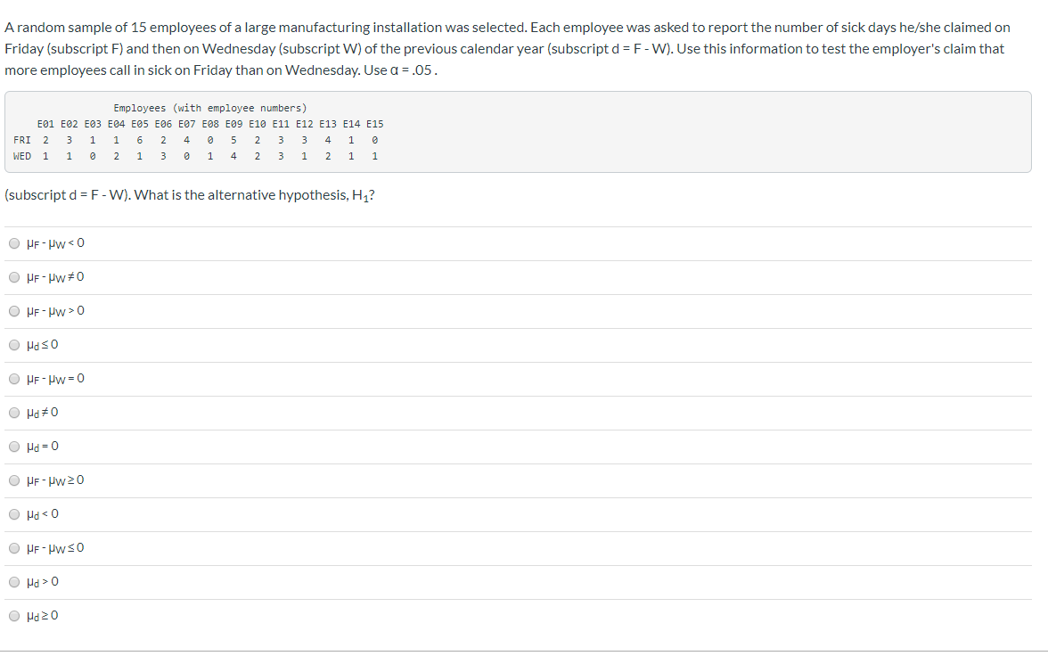 Solved A random sample of 15 employees of a large | Chegg.com