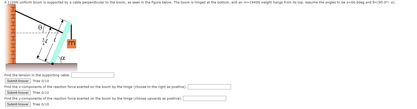 Solved A 1120N uniform boom is supported by a cable | Chegg.com