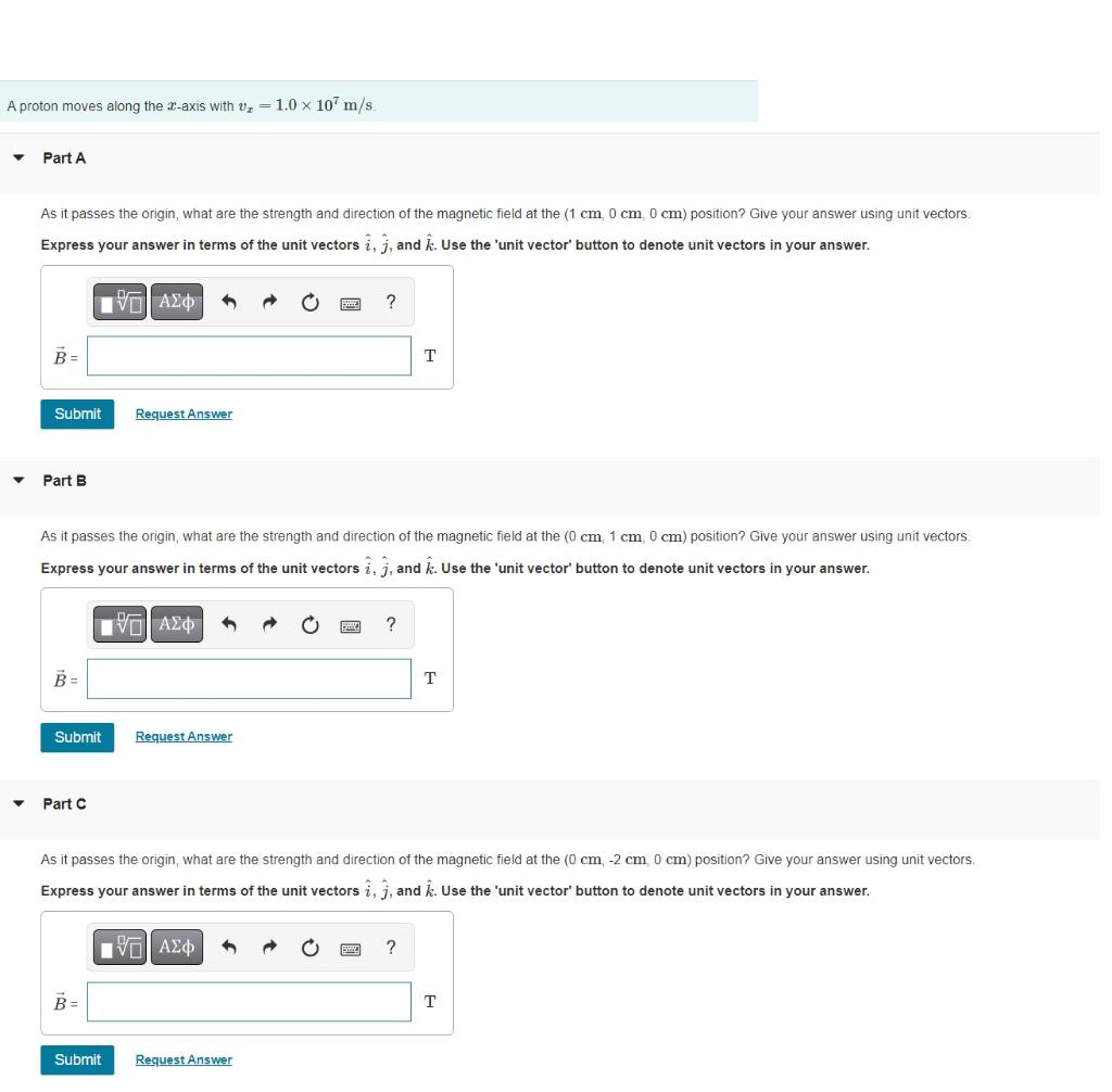 Solved A proton moves along the x-axis with vx=1.0×107 m/s. | Chegg.com