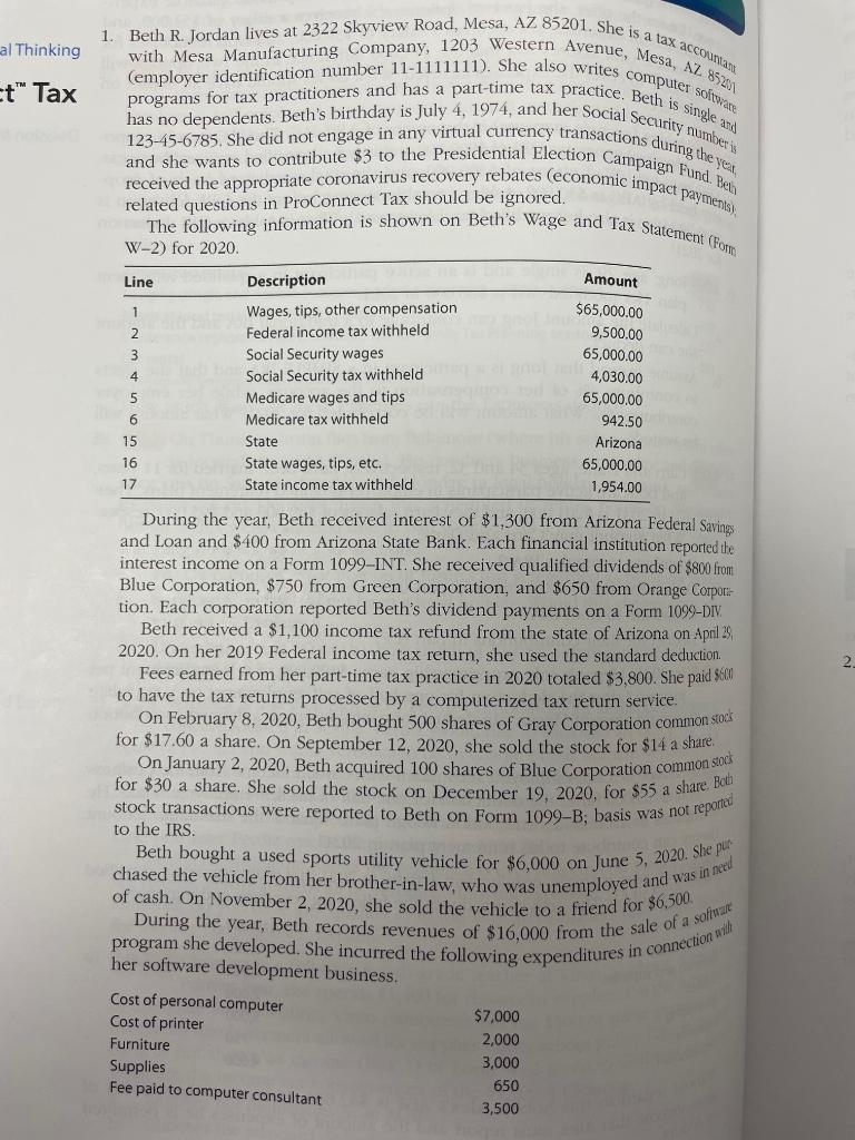 Solved cal Thinking ct Tax Beth R. Jordan lives at 2322 | Chegg.com