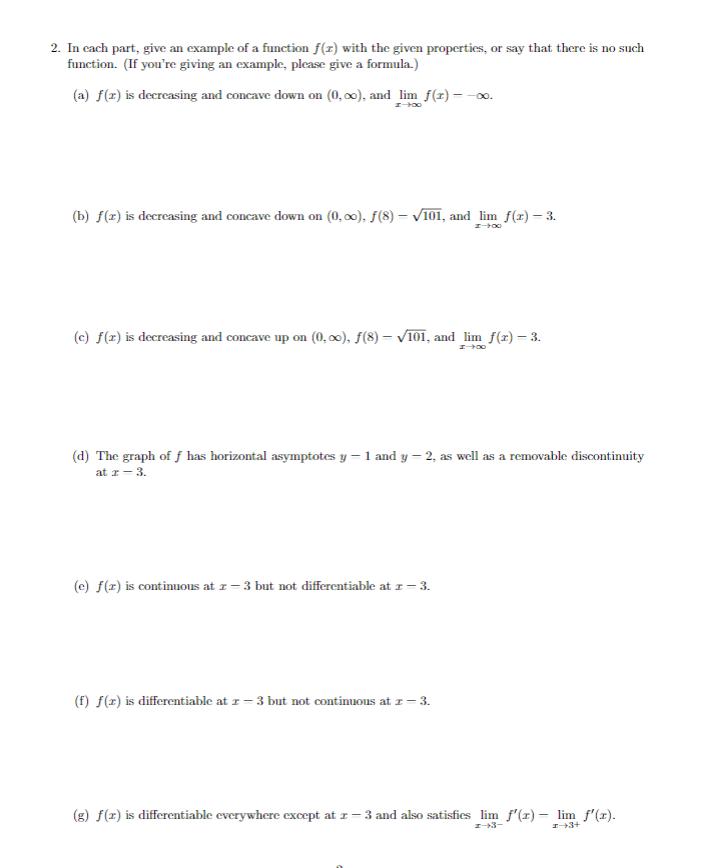 Solved 2. In cach part, give an example of a function f(t) | Chegg.com
