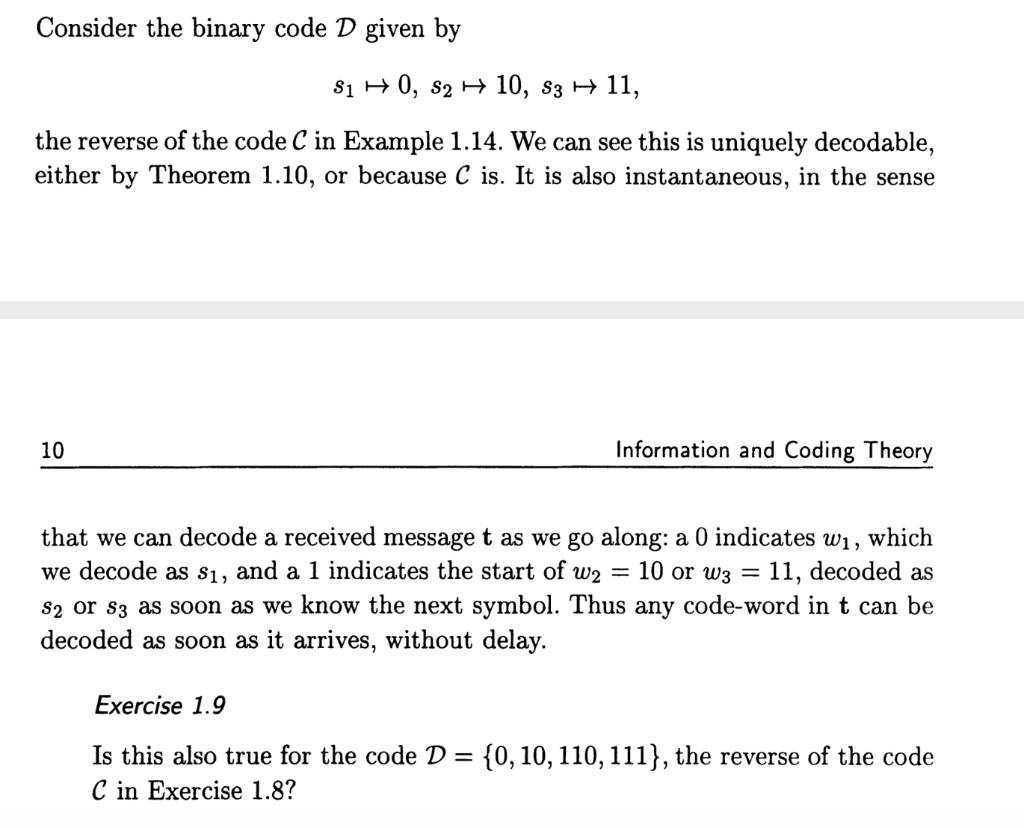 Solved Consider the binary code D given by S1 H 0, 82 H 10, | Chegg.com