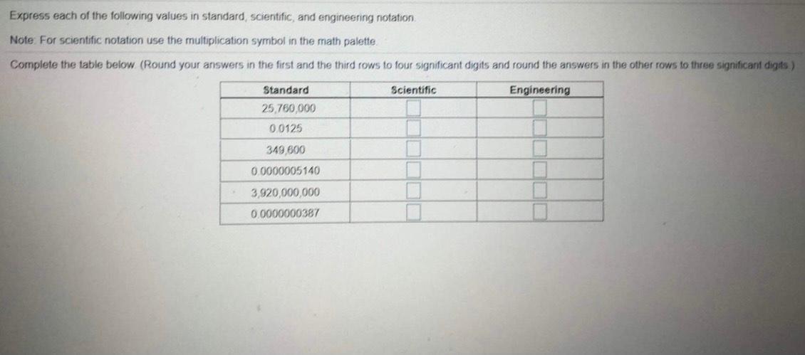Solved Express each of the following values in standard | Chegg.com