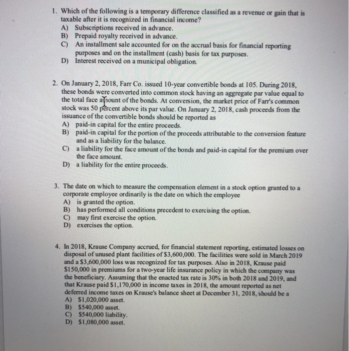 Solved 1. Which of the following is a temporary difference | Chegg.com