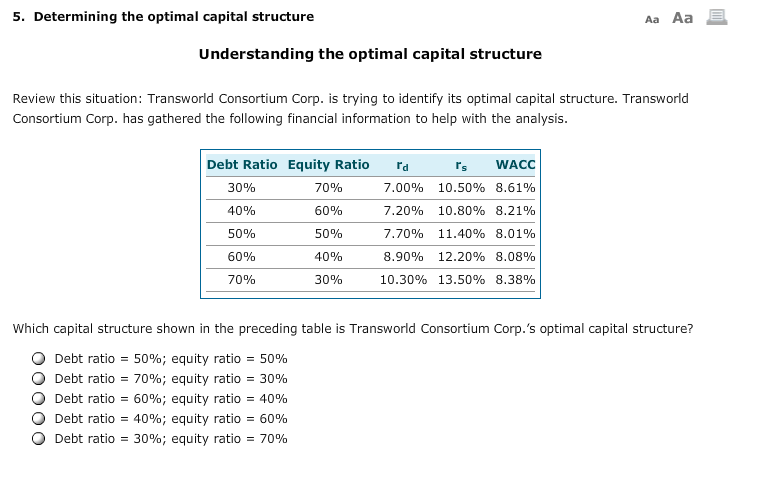 Solved 5. Determining the optimal capital structure Aa Aa | Chegg.com