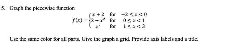 Solved 5. Graph the piecewise function f(x)=⎩⎨⎧x+22−x2x2 for | Chegg.com