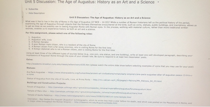 Unit 5 Discussion : The Age of Augustus: History as | Chegg.com