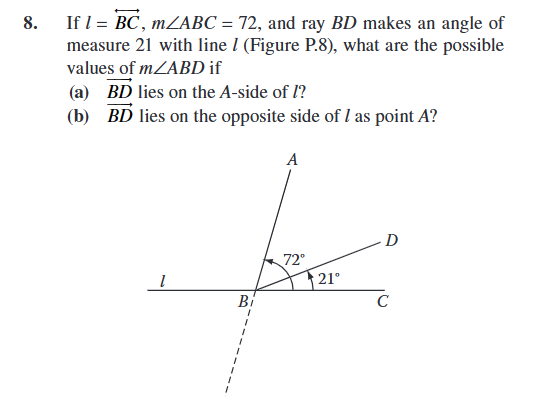 Solved If l = BC , m∠ABC = 72, and ray BD makes an angle | Chegg.com