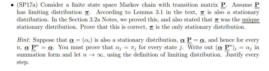 SP17a) Consider a finite state space Markov chain | Chegg.com