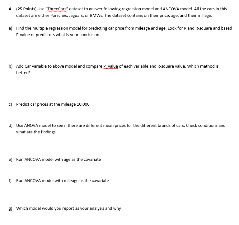 4. (25 Points) Use "ThreeCars" dataset to answer | Chegg.com
