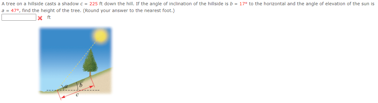 Solved A tree on a hillside casts a shadow c=225ft down the | Chegg.com