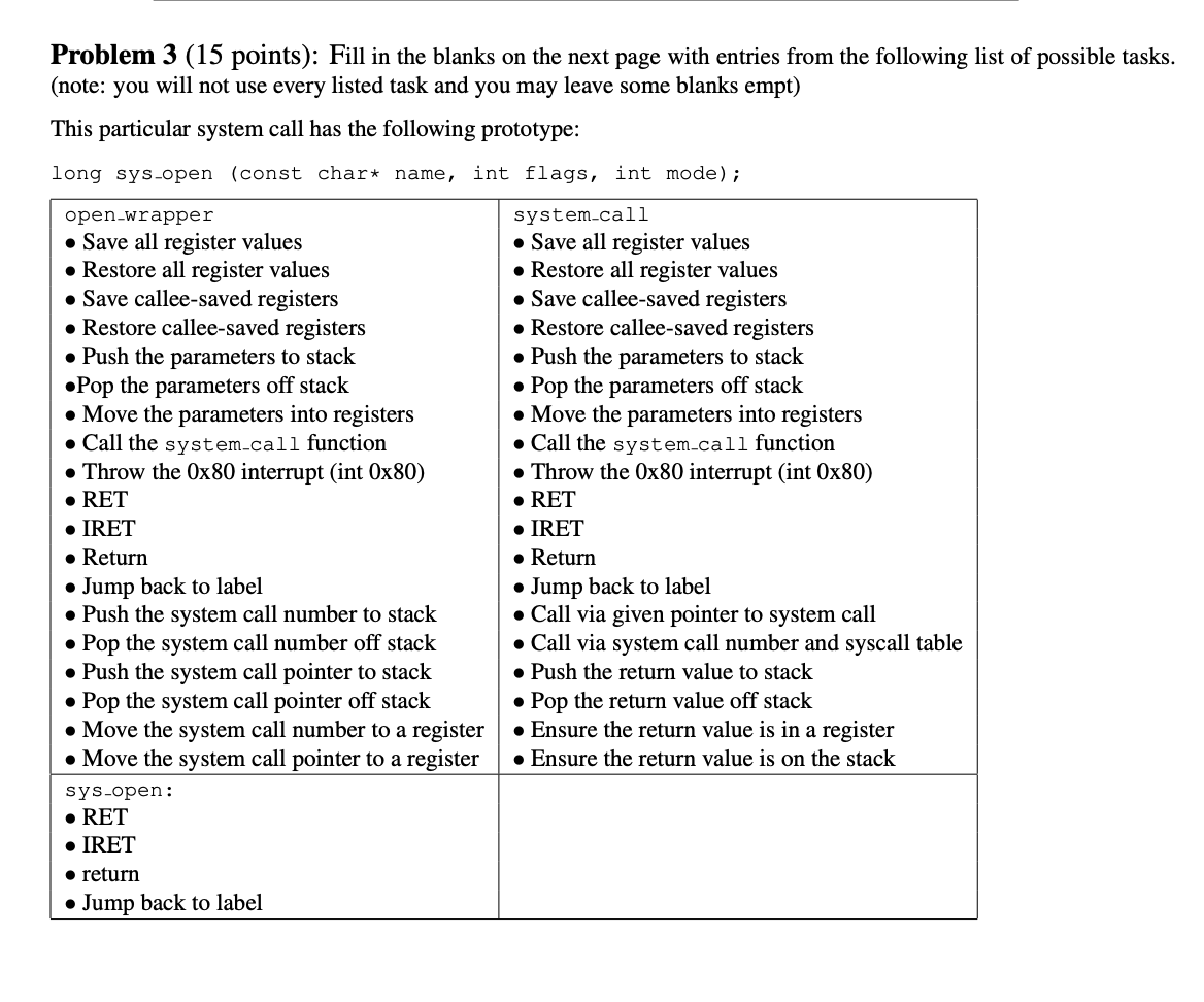 Solved Problem 3 (15 points): Fill in the blanks on the next | Chegg.com Solved Problem 3 (15 points): Fill in the blanks on the next | Chegg.com