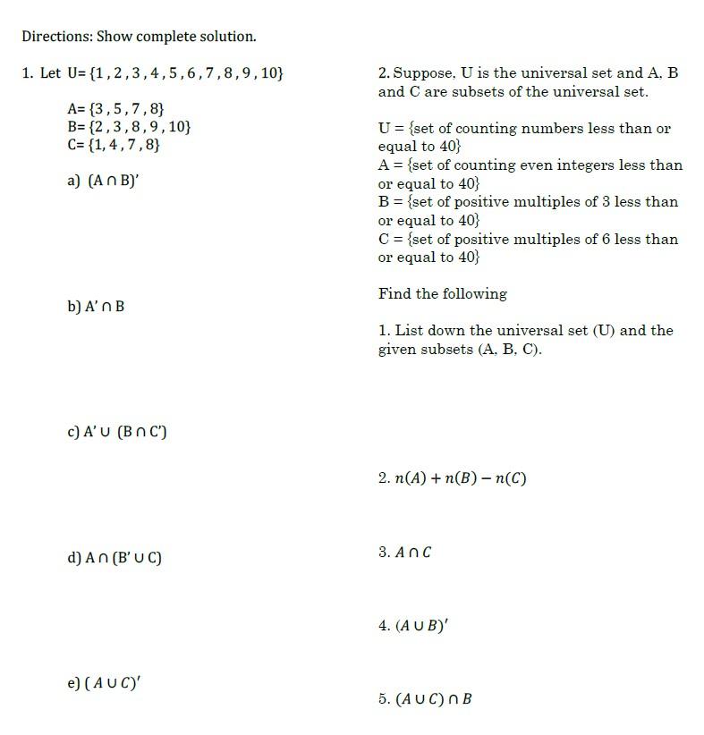 Solved Directions: Show complete solution. 1. Let U= | Chegg.com