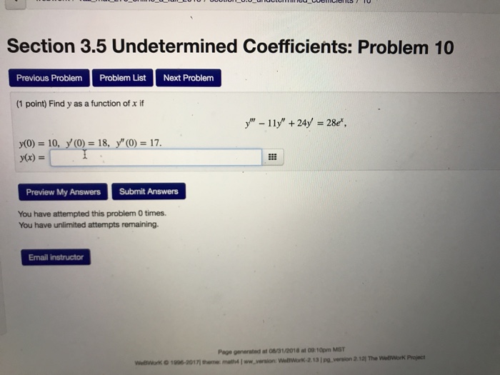 Solved Section 3.5 Undetermined Coefficients: Problem 9 | Chegg.com