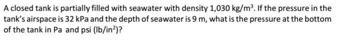 Solved A closed tank is partially filled with seawater with | Chegg.com