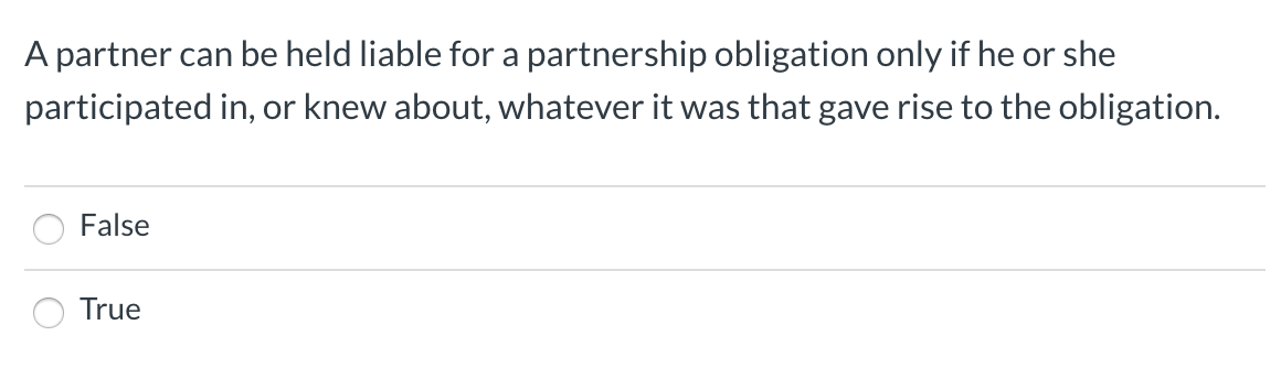Solved A partner can be held liable for a partnership | Chegg.com