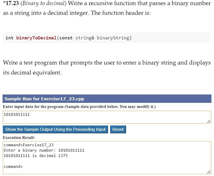 Solved 1723 Binary To Decimal Write A Recursive Function 5319