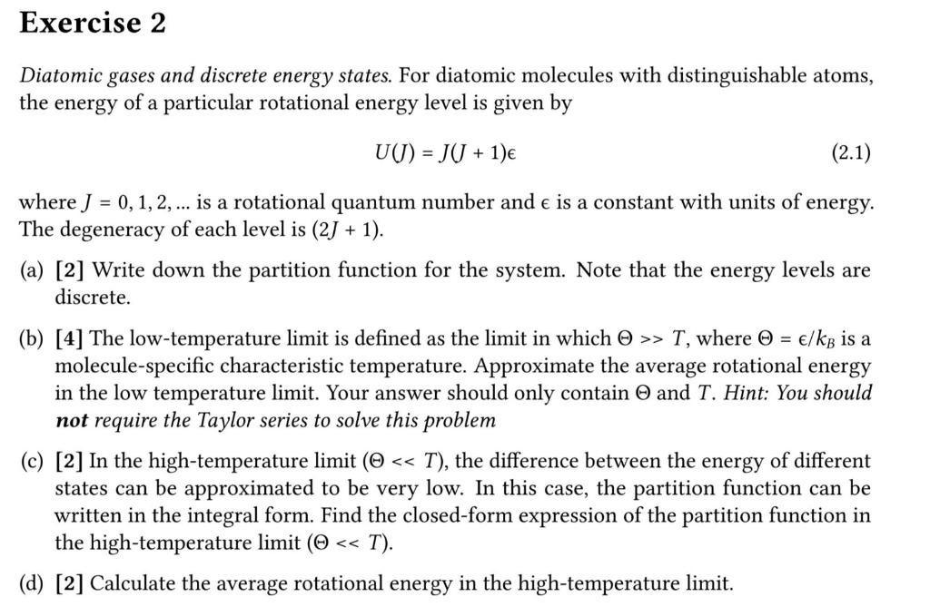 Solved Exercise 2 Diatomic gases and discrete energy states. | Chegg.com