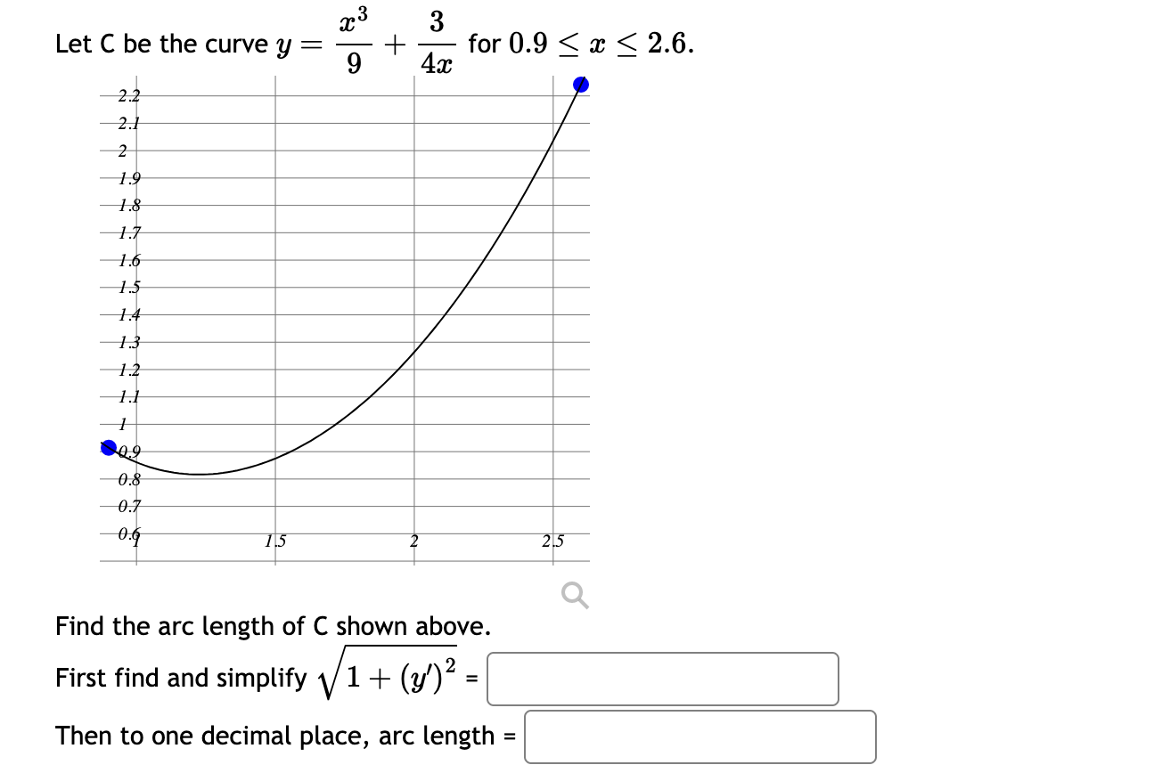 Solved Let C be the curve y=9x3+4x3 for 0.9≤x≤2.6. Find the | Chegg.com