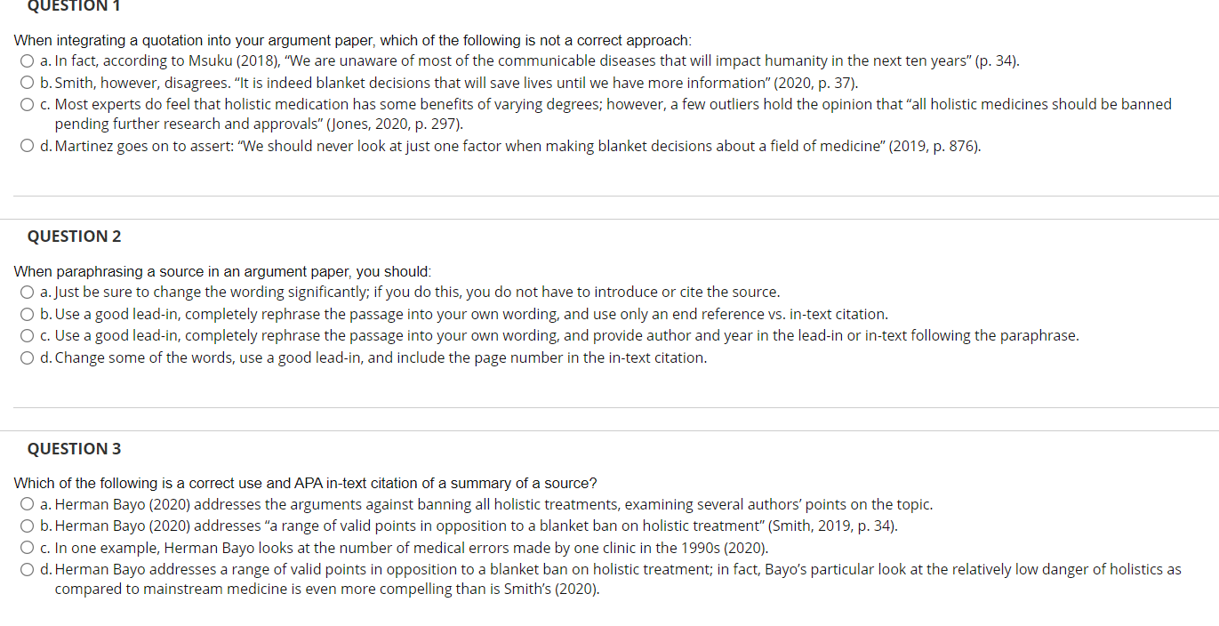 Solved QUESTION 1 When integrating a quotation into your | Chegg.com