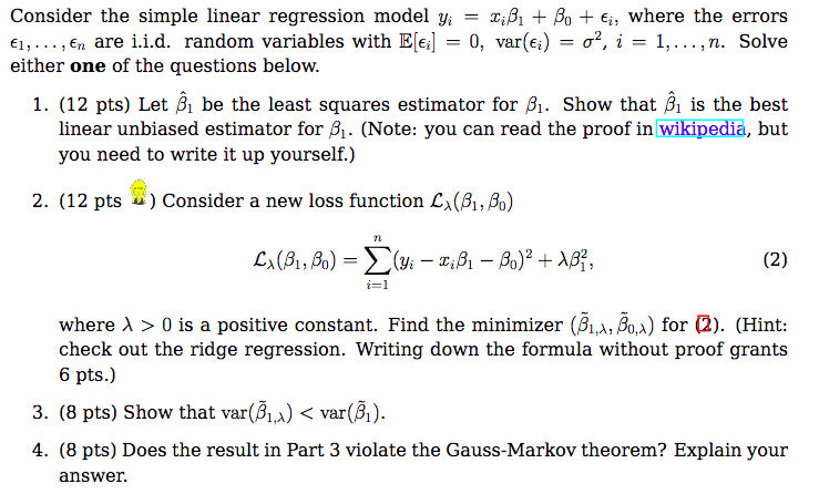 Solved Consider the simple linear regression model yi = TiB | Chegg.com