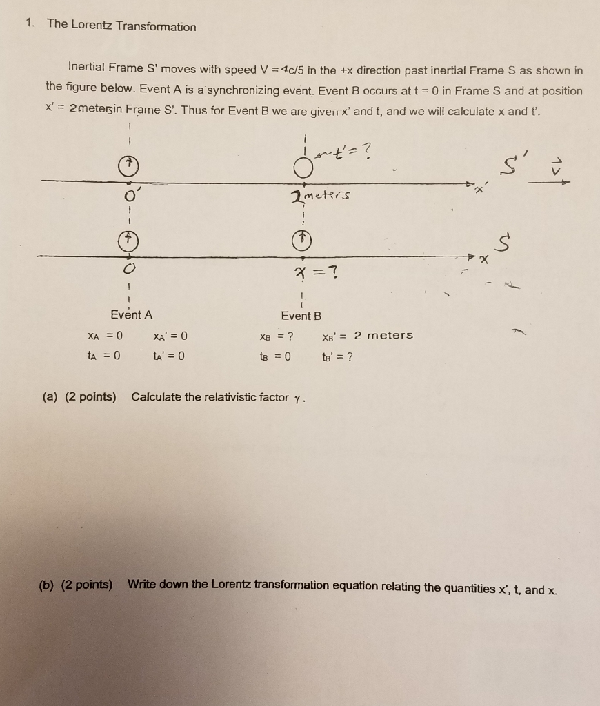 Solved 1. The Lorentz Transformation Inertial Frame S' moves | Chegg.com