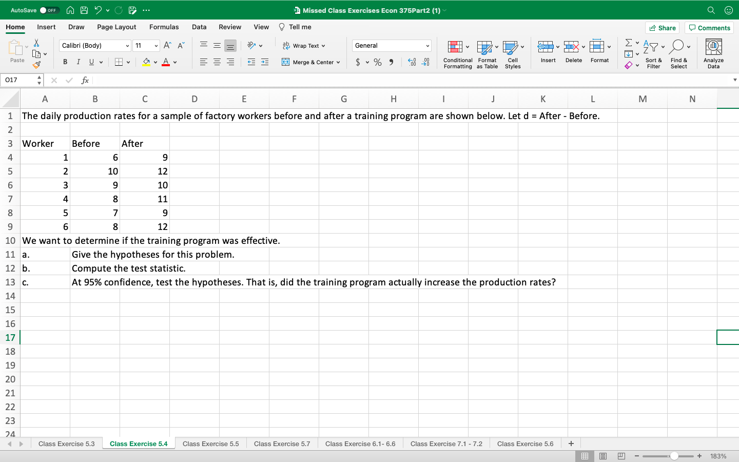 Solved AutoSave OFF Ava Missed Class Exercises Econ 375Part2 | Chegg.com