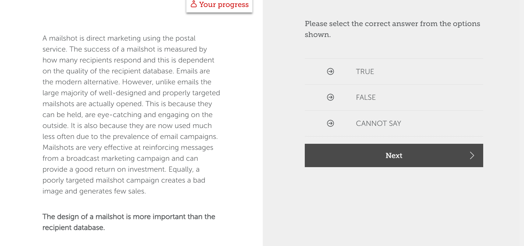 Solved • Your progress Please select the correct answer from | Chegg.com