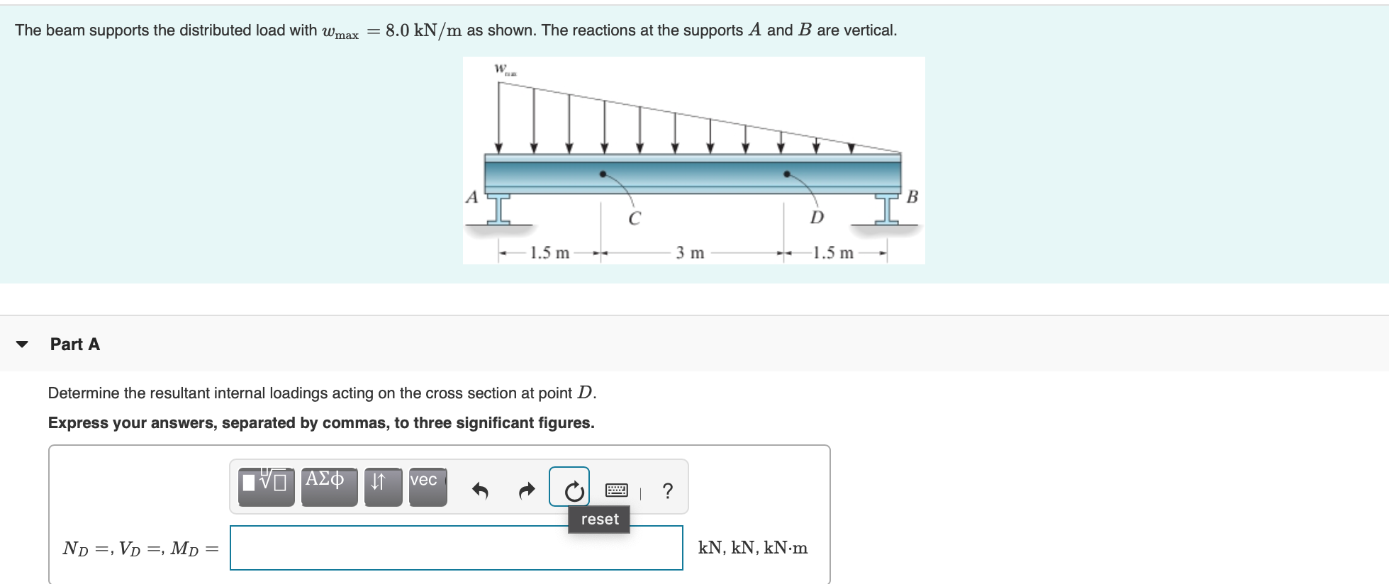 Solved The beam supports the distributed load with Wmax = | Chegg.com