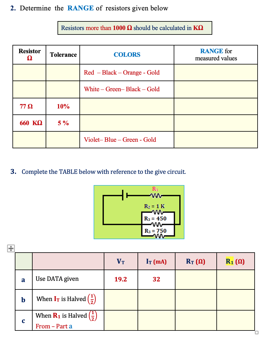 Solved 2. Determine the RANGE of resistors given below | Chegg.com