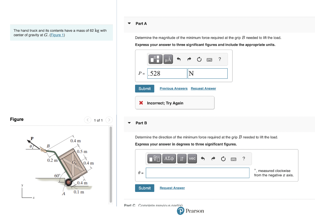Solved The hand truck and its contents have a mass of 62 kg | Chegg.com