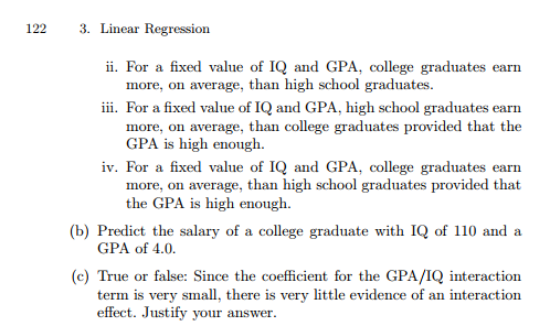 Solved 3. Linear Regression ii. For a fixed value of IQ and | Chegg.com