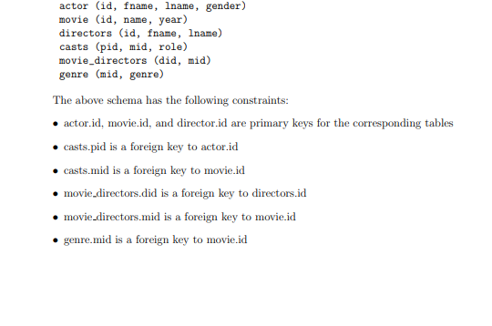 Solved actor (id, fname, lname, gender) movie (id, name, | Chegg.com
