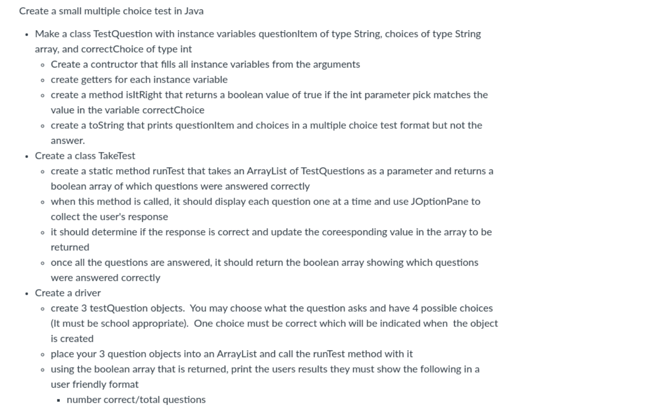 Solved Create a small multiple choice test in Java • Make a | Chegg.com