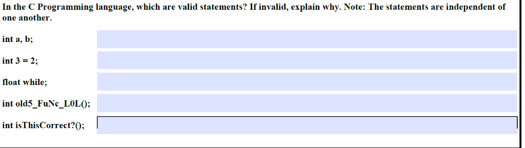 Solved In the C Programming language, which are valid | Chegg.com