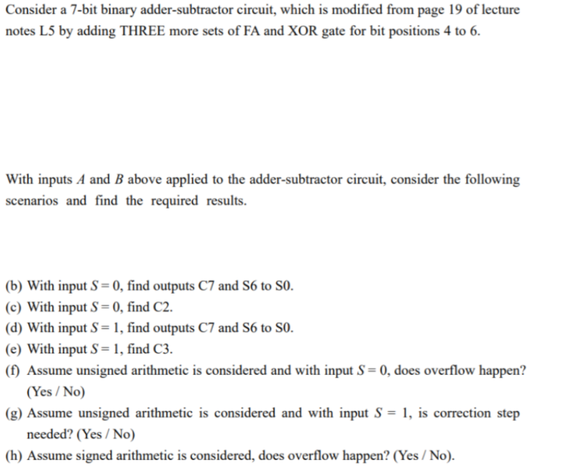 Consider a 7-bit binary adder-subtractor circuit, | Chegg.com