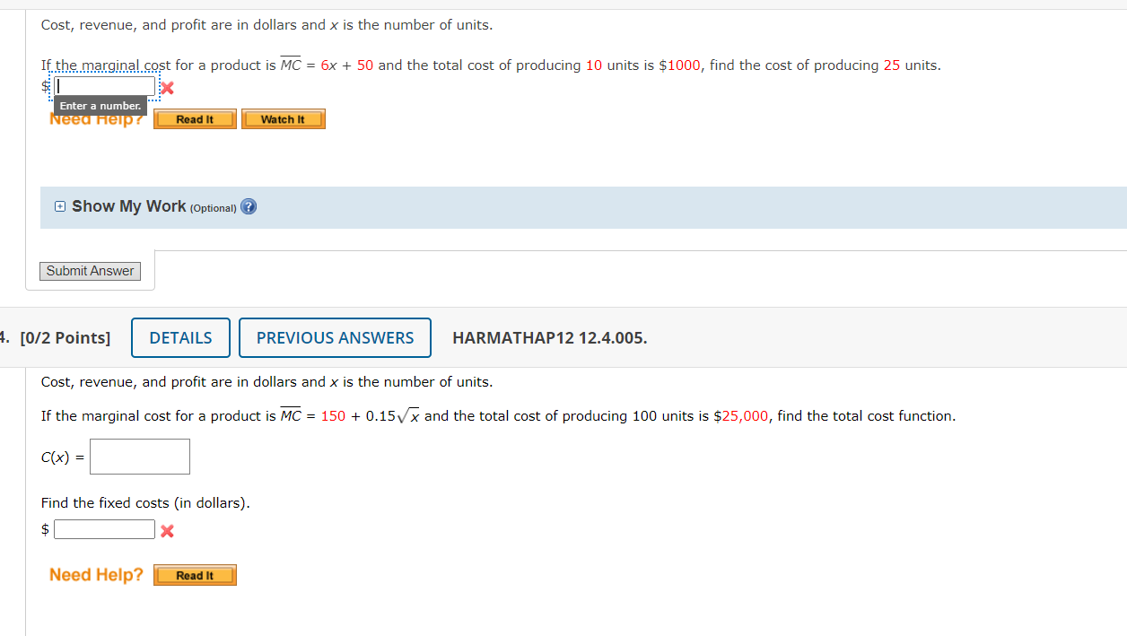 Solved Cost, revenue, and profit are in dollars and x is the | Chegg.com