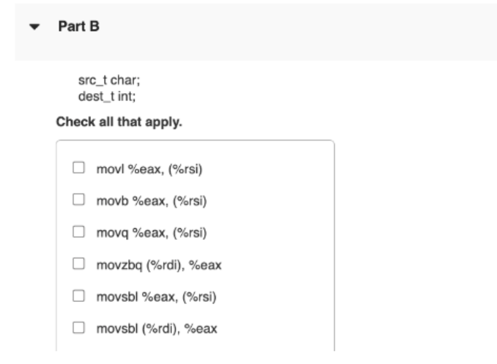 Solved Part B src_t char; dest_t int; Check all that apply. | Chegg.com