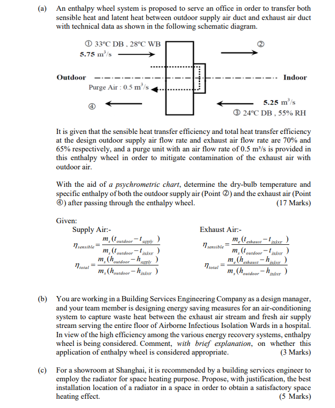 (a) An enthalpy wheel system is proposed to serve an | Chegg.com