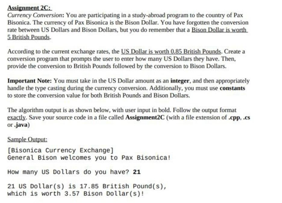 Solved Assignment 2C: Currency Conversion: You are | Chegg.com