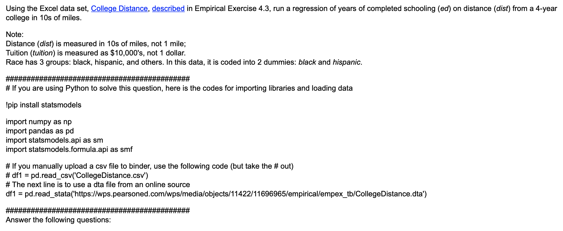 Using the Excel data set, College Distance, described | Chegg.com