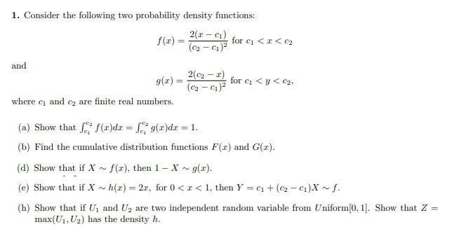 Solved 1. Consider the following two probability density | Chegg.com