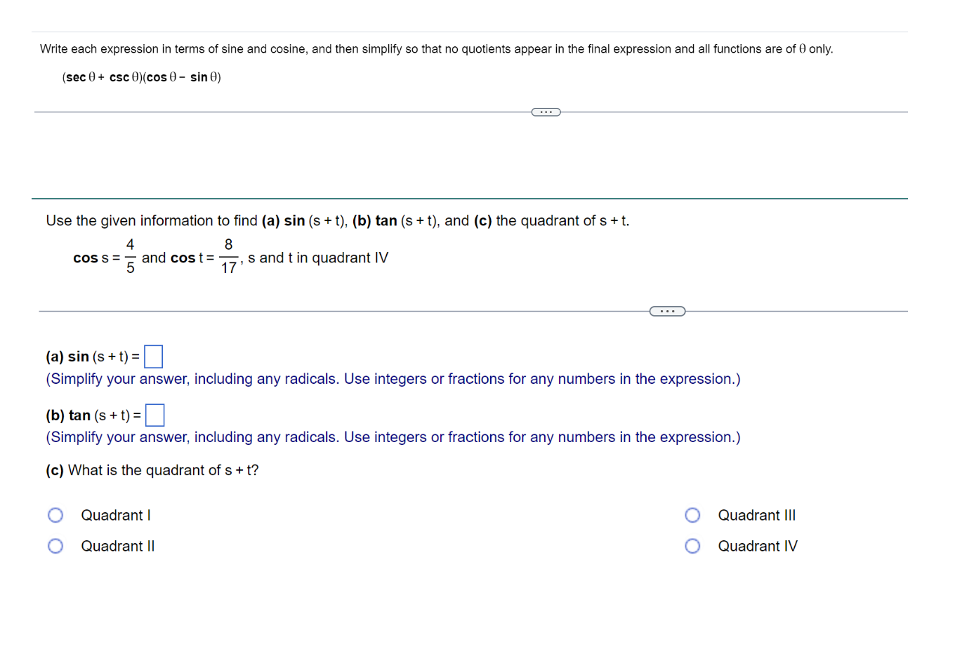 Solved Write each expression in terms of sine and cosine, | Chegg.com